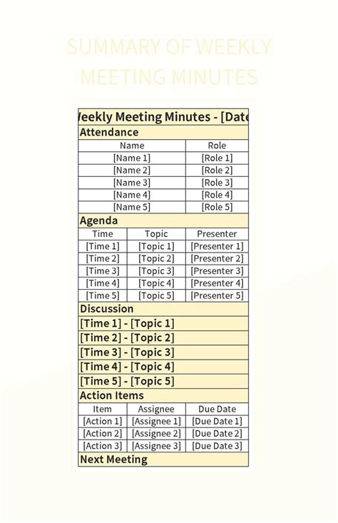 Summary Of Weekly Meeting Minutes Excel Template And Google Sheets File