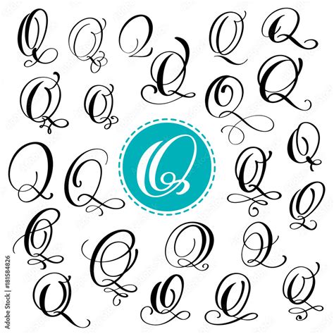 Set Letter Q Hand Drawn Vector Flourish Calligraphy Script Font Isolated Letters Written With