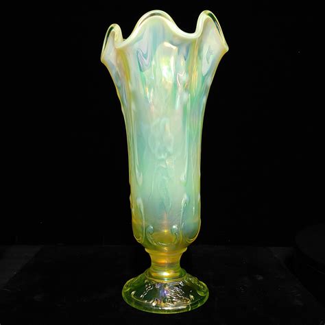 Fenton Vaseline Glass Wild Rose Footed Stretch Vase Ruraniumglass