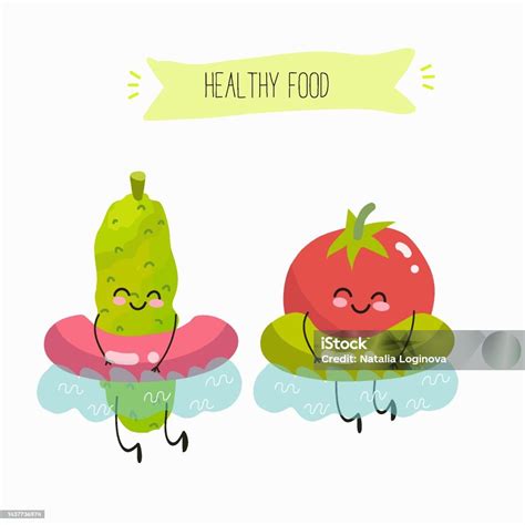 오이와 토마토의 재미있는 만화 캐릭터가 풍선 서클 건강 식품 재료 아이 티셔츠 디자인에서 수영하는 벡터 그림 가공의 인물에 대한