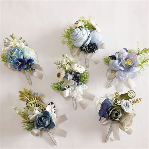 Boutonnière de Mariage à Fleurs Bleues Broche pour Invités du Marié