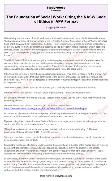 The Foundation Of Social Work Citing The Nasw Code Of Ethics In Apa Format Free Essay Example