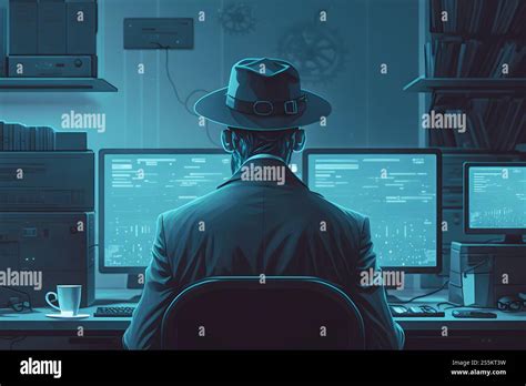 Hacker In A Blue Hoody Standing In Front Of A Code Background Neural