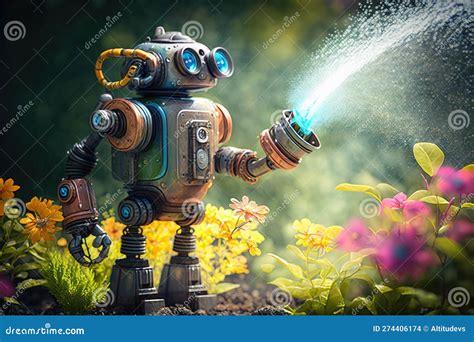 Robot Watering Plants And Flowers With Water Hose In Garden Setting