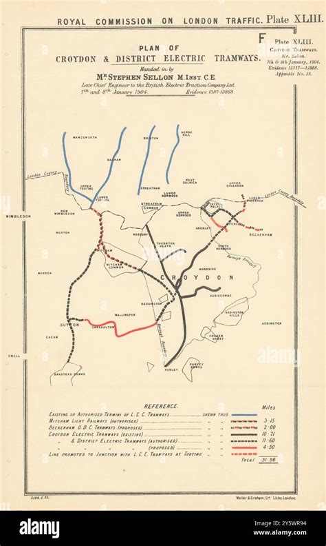 Plan Of The Croydon And District Electric Tramways 1906 Old Antique Map