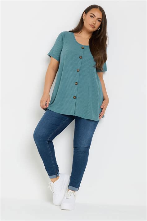 Yours Plus Size Teal Blue Button Front Ribbed Swing Top Yours Clothing