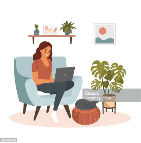 젊은 여성은 편안한 의자에 휴식과 노트북을 사용합니다 드에 오스만 에 누워있다 벡터 플랫 일러스트레이션 거실에 대한 스톡 벡터 아트 및 기타 이미지 Istock