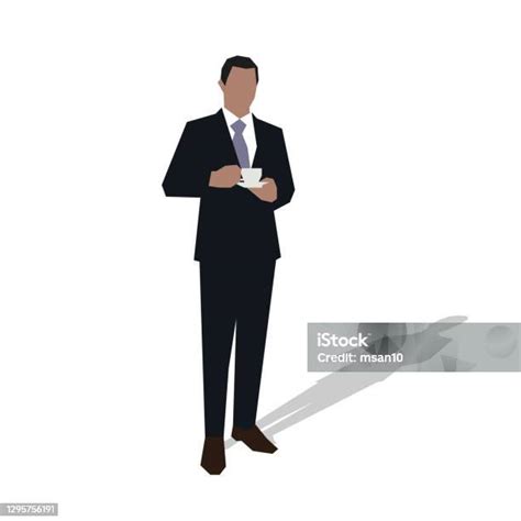 사업가는 손에 커피 한 잔을 들고 서 있다 벡터 일러스트레이션 플랫 디자인 남자에 대한 스톡 벡터 아트 및 기타 이미지 남자 남자들만 벡터 Istock