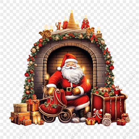 많은 선물을 들고 있는 산타클로스와 그의 썰매에는 조명과 종으로 장식된 크리스마스 벽난로가 있습니다휴일행복하다 Png 일러스트 무료 다운로드 Lovepik