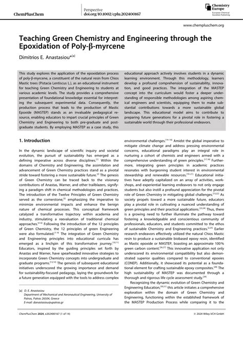 Teaching Green Chemistry And Engineering Through The Epoxidation Of Poly‐β‐myrcene