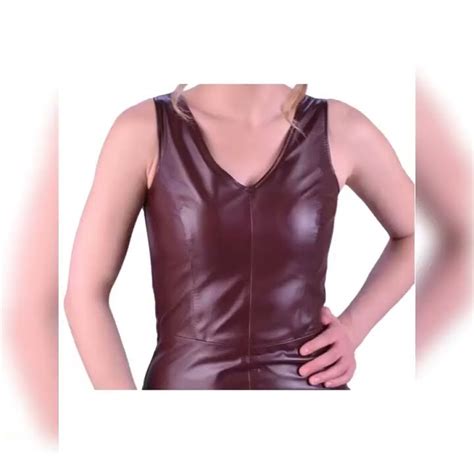 Women Sleeveless Burgundy Leather Dress 100 Real Leather