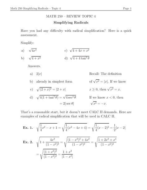 Simplifying Radicals In Math 250 Topic 4 Exams Calculus Docsity