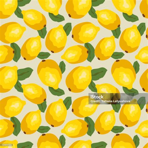 베이지 색 배경에 신선한 과일 노란색 레몬과 녹색 잎 다채로운 매끄러운 패턴 섬유 제조 포스터 직물 종이에 적합합니다 플랫 스타일의 벡터 일러스트레이션 감귤류 과일에 대한