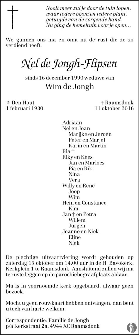 Nel De Jongh Flipsen 11 10 2016 Overlijdensbericht En Condoleances
