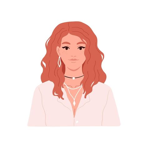 Belle Fille Rousse Aux Cheveux Bouclés Luxuriants Vecteur Premium