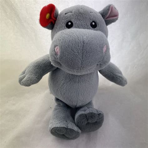 Kinder Grey Hippopotamus Soft Toy With Red Flower In Ear 9” Plush Hippo