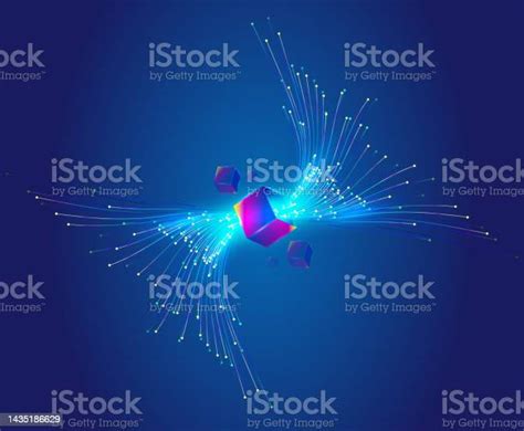 컬러 발광 도트 라인이 플로팅 큐브 기술 감지 벡터 배경에 침투합니다 3차원 형태에 대한 스톡 벡터 아트 및 기타 이미지 3