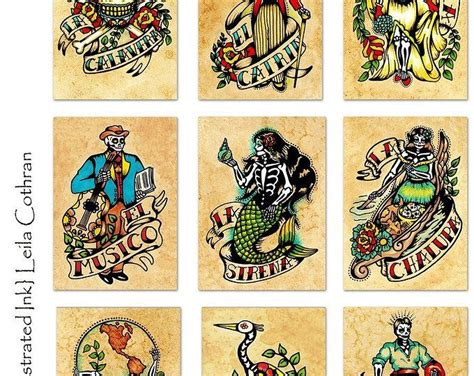 Folk Art Postcards Mexican Loteria Tattoo Art Set Of 8 Designs Etsy