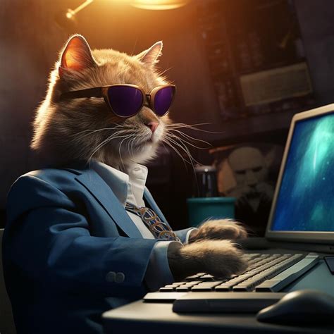 Premium Photo Cool Anthropomorphic Cat Using Computer For Stock
