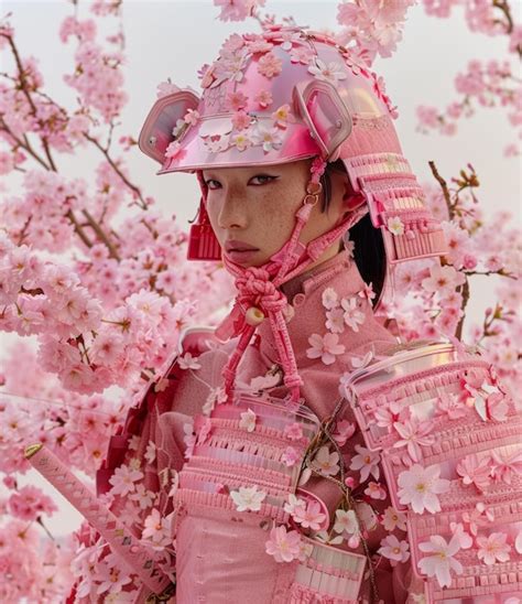 Premium Photo A Woman Wearing A Pink Samurai Armor Stands In A Field