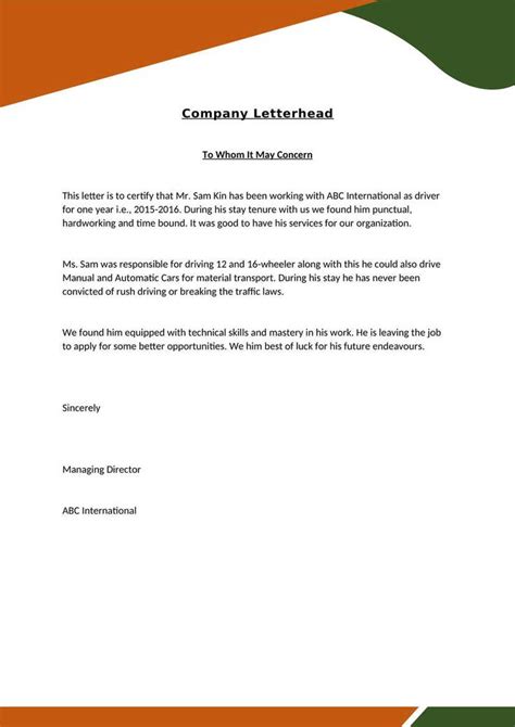 Driver Experience Letter Certificate Template Download In Word