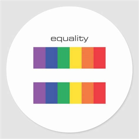 The Word Equality In Rainbow Colors On A White Round Sticker That Says