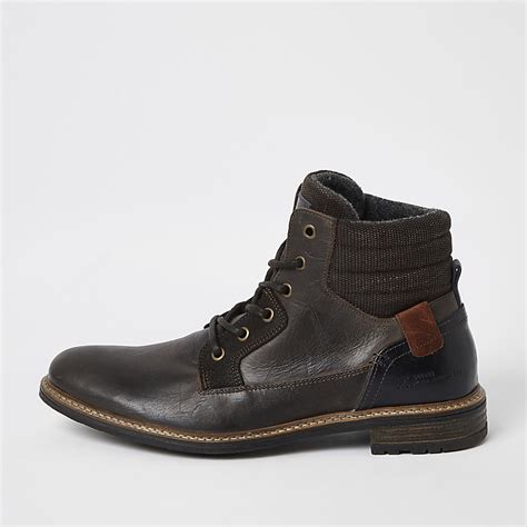 Dark Brown Leather Lace Up Ankle Boots River Island