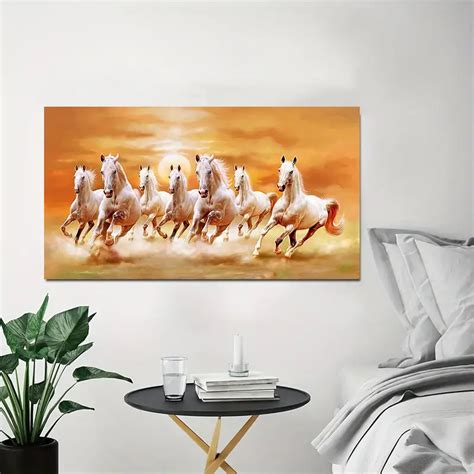 1pc 아트 캔버스 페인팅 캔버스 벽 예술에 일곱 마리 달리는 흰 말 페인팅 욕실 침실 사무실 거실 홈 월 Temu