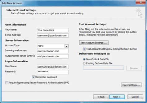outlook 2010 e mail setup pop3