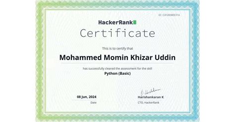 Mohammed Momin Khizar Uddin On Linkedin Hackerrank Skill Certificate