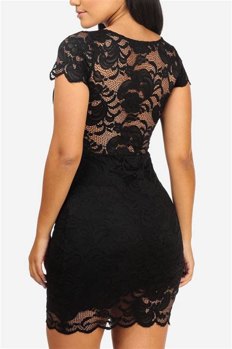 Lace Fitted Midi Dress With Sexy Short Lace Sleeve Design