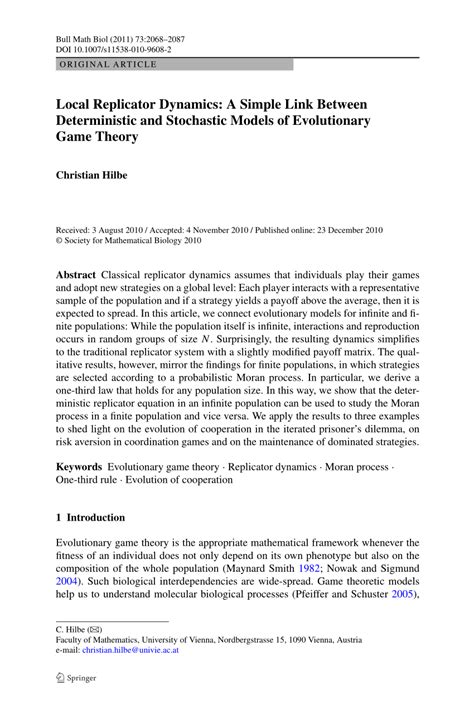 Pdf Local Replicator Dynamics A Simple Link Between Deterministic And Stochastic Models Of
