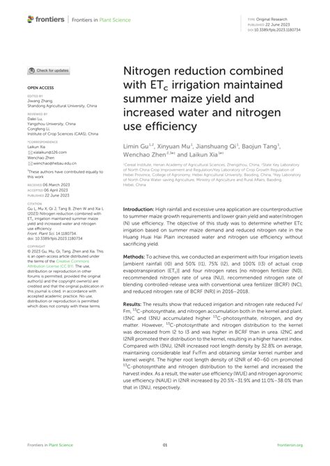 Pdf Nitrogen Reduction Combined With Etc Irrigation Maintained Summer Maize Yield And