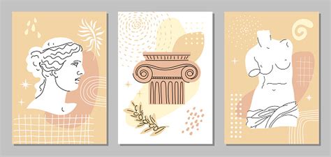 금성 수도 추상 요소 및 식물과 추상 포스터 세트 비너스의 머리와 몸통의 고대 그리스 조각품 템플릿의 수직 컬렉션 파스텔 톤