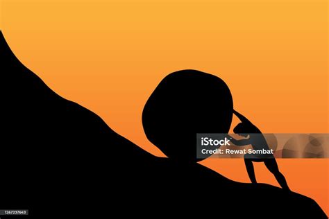 남자의 실루엣은 피크 언덕까지 돌을 밀어 열심히 일하고 개념을 성공 벡터 일러스트 디자인 밀기에 대한 스톡 벡터 아트 및 기타
