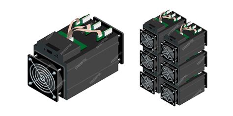 Asic 비트코인 채굴기 및 Asic 채굴장 비트코인 채굴 장비 및 하드웨어 앤트마이너 아이소메트릭 뷰 프리미엄 벡터