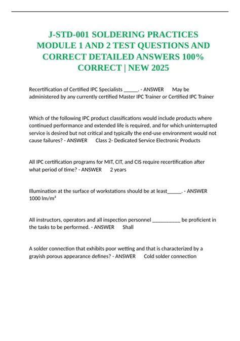 J Std 001 Soldering Practices Module 1 And 2 Test Questions And Correct Detailed Answers 100
