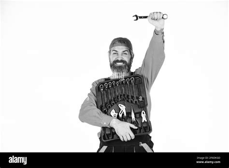 Man In Uniform Carries Toolbox White Background Worker Repairer