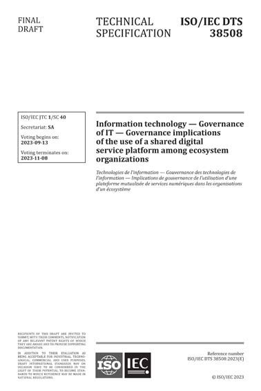 ISO IEC FDIS DTS 38508 2023 Information Technology Governance Of IT Governance