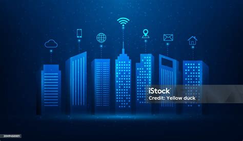 파란색 배경에 스마트 시티 기술 디지털 네트워크 연결 아이콘이 있는 마을의 사물 인터넷 빅 데이터 연결 사회 벡터 일러스트 레이 션 환상적인 하이테크 디자인 전진 방향에