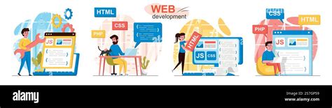 Web Development Concept Scenes Set Developers Code In Different