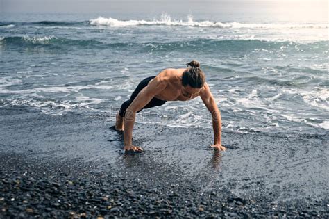 Workout Exercise Closeup Of Topless Healthy Handsome Active Man With Fit Muscular Body Doing