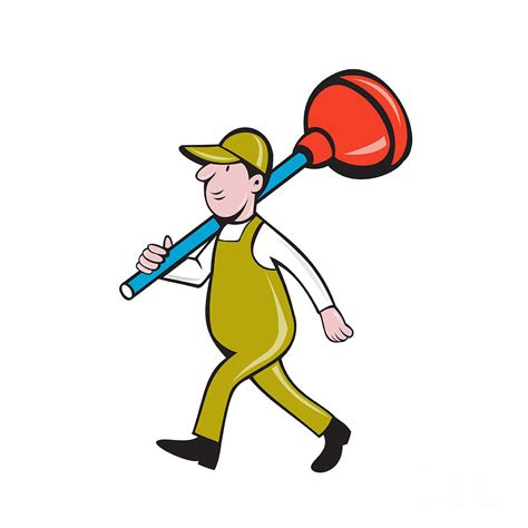 Plumber Carrying Plunger Walking Isolated Cartoon Digital Art By