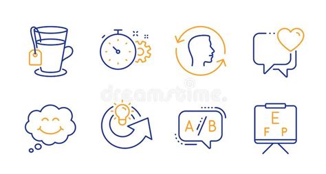 Tea Cogwheel Timer And Smile Icons Set Heart Face Id And Share Idea Signs Ab Testing Vision