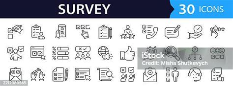 선 스타일에 설정된 설문조사 웹 아이콘입니다 피드백 수집 선형 아이콘 질문 의견 만족도 의견 연구 검토 만족도 작업 설문 조사 답변 등을 포함합니다 편집 가능한 스트로크