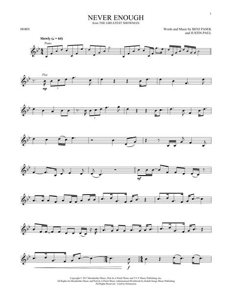 Never Enough By Pasek Paul Sheet Music For French Horn PlayAlong At Sheet Music Direct
