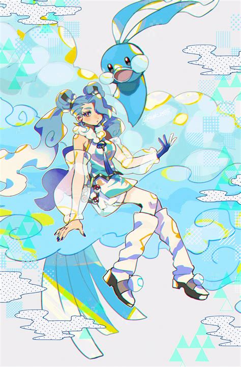 Safebooru 1girl Altaria Bird Black Nails Blue Hair Blush Clouds