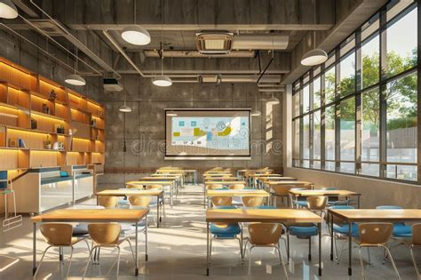 A Contemporary Classroom With Interactive Panels And Ai Assistants Enhancing The Learning