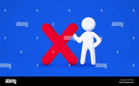 3d White Cartoon Man Holding Big Red Cross Reject Concept Isolated Blue Background Vector