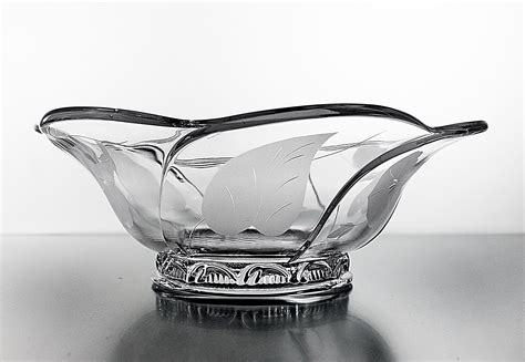 Footed Etched Glass Bowl Morning Glory Centerpiece Scalloped Edge